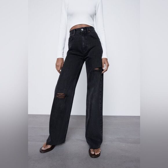 Zara | Jeans | Zara High Rise Wide Leg Distressed Jeans | Poshmark